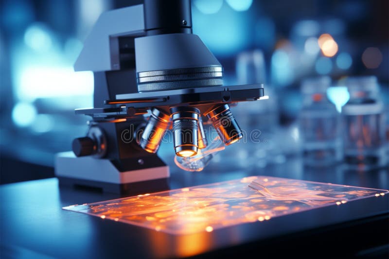 On a Table, a Microscope and a Cell Phone Side by Side Stock ...