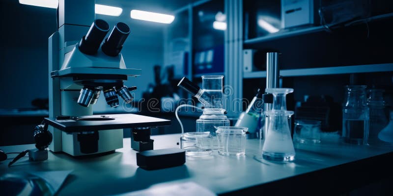 Table with Microscope and Glass Bottles in the Modern Lab. Scientific ...
