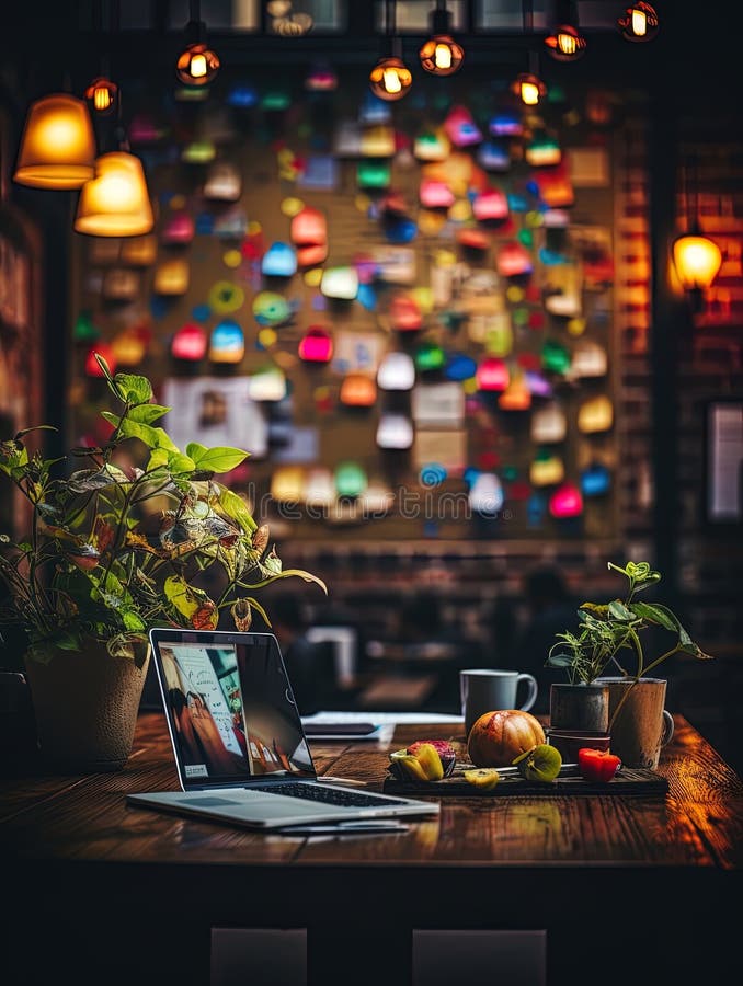 Table in a Modern Bar with a Laptop, Coffee and Work Items Stock ...