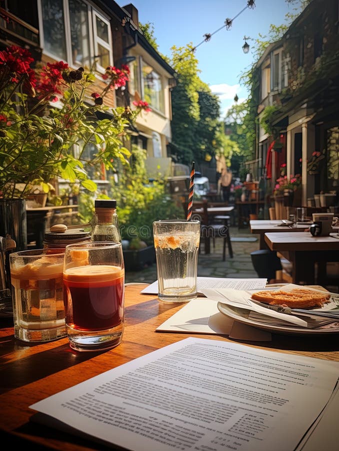 Table in a Modern Bar with a Laptop, Coffee and Work Items Stock ...