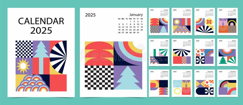 2025 Table Monthly Calendar Week Start on Sunday with Geometric that ...