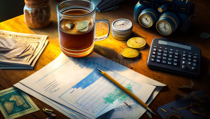 Table with Mug of Tea, Calculator, and Money on it. Generative AI Stock ...