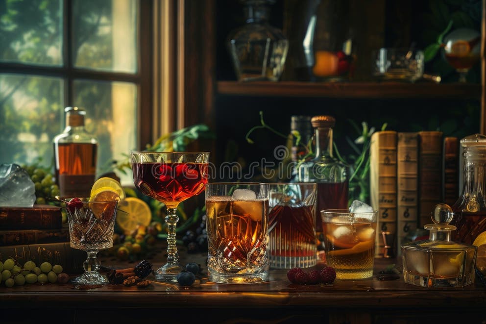 Table with Multiple Glasses Filled with Various Drinks Stock ...