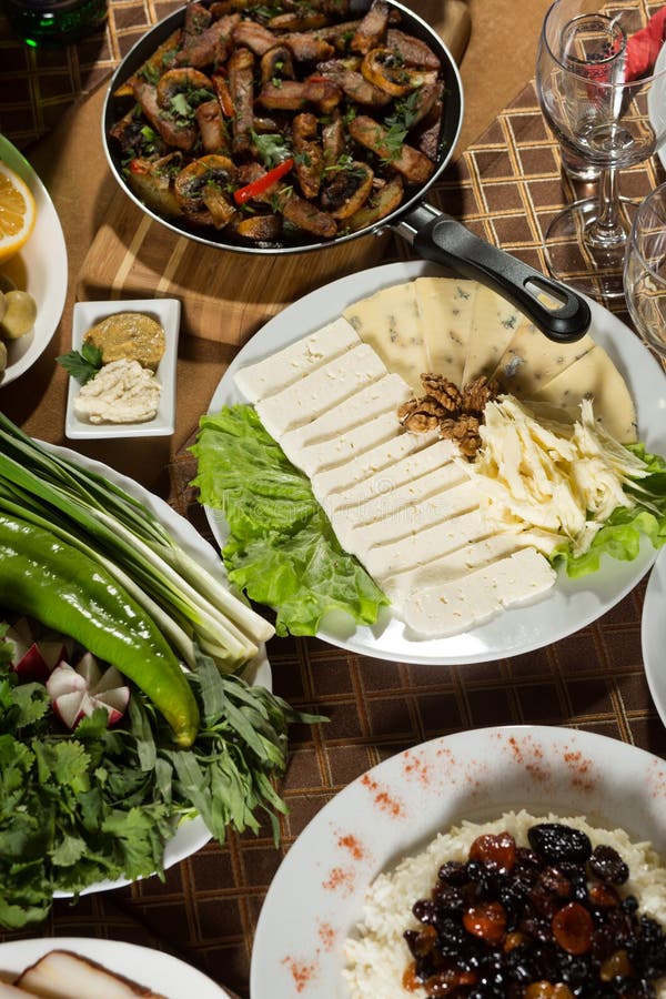 Table with Normal Food, Steaks and Potatoes. Stock Image - Image of ...