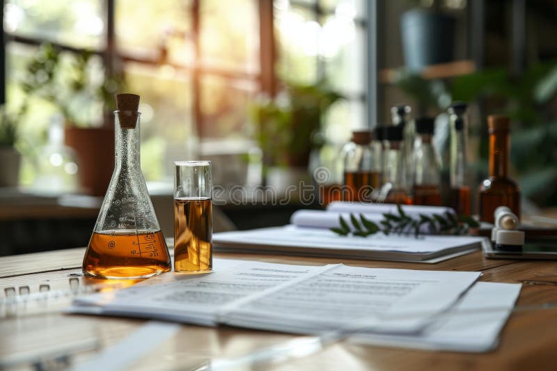A Table with a Notebook and a Pen, and Several Beakers of Different ...