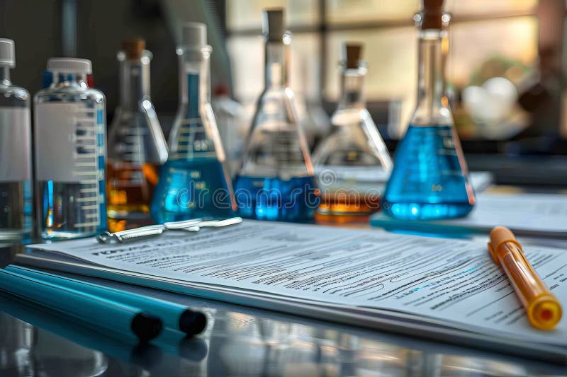 A Table with a Notebook and a Pen, and Several Beakers of Different ...