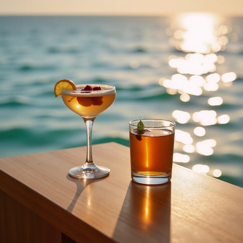 Table by the Ocean Features Two Beverages One Being a Cocktail Stock ...