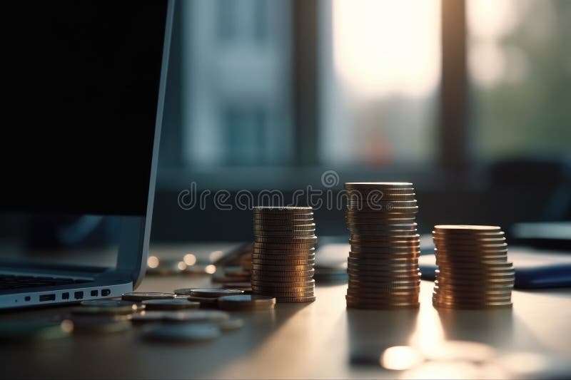 On the Table in the Office is a Stack of Coins and a Computer Stock ...