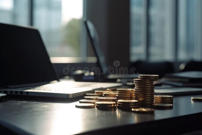 On the Table in the Office is a Stack of Coins and a Computer Stock ...