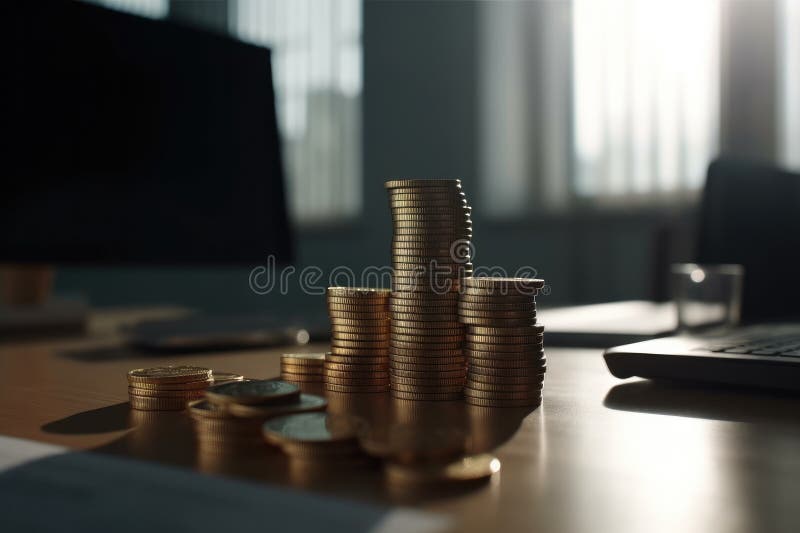 On the Table in the Office is a Stack of Coins and a Computer Stock ...