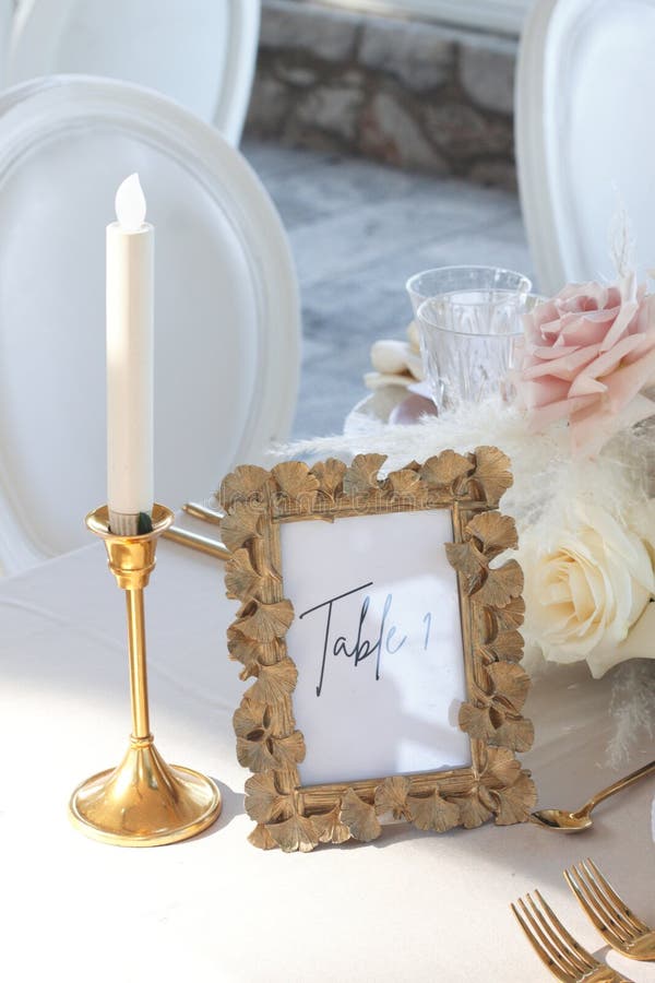 Table One Sign in Golden Frame Stock Image - Image of candle, sign ...