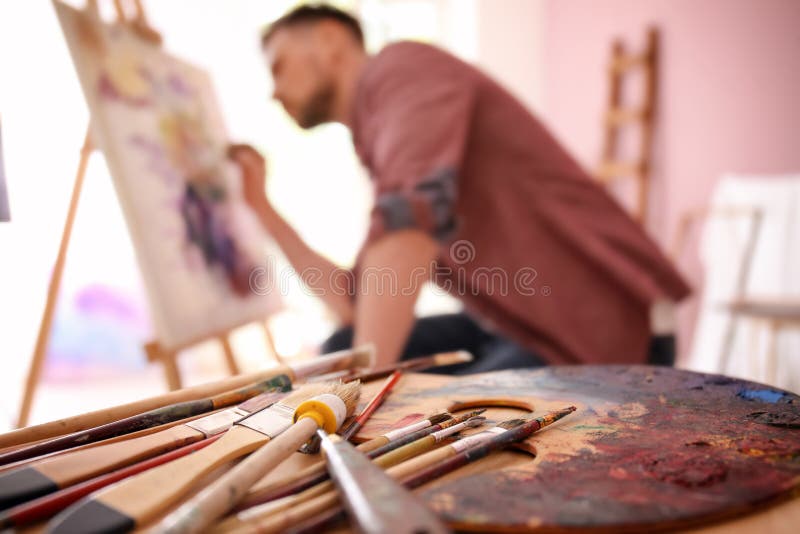 Table with Paint Tools and Palette in Artist S Workshop Stock Image ...