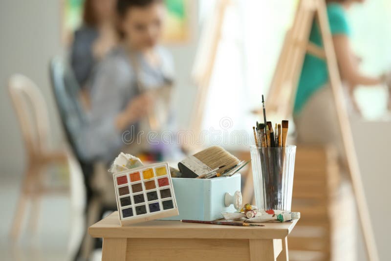 Table with Paints and Tools in Artist S Workshop Stock Photo - Image of ...