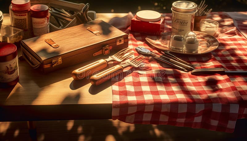 Table with Picnic Equipment, Food, Napkin, and Work Tools Generated by ...