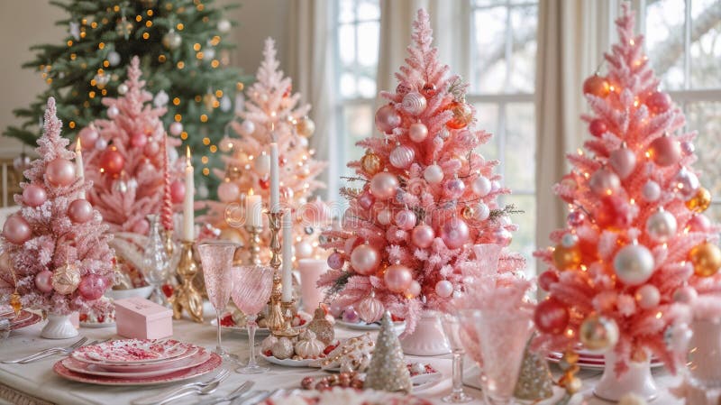 A Table with Pink Christmas Trees and Ornaments on it, AI Stock Photo ...