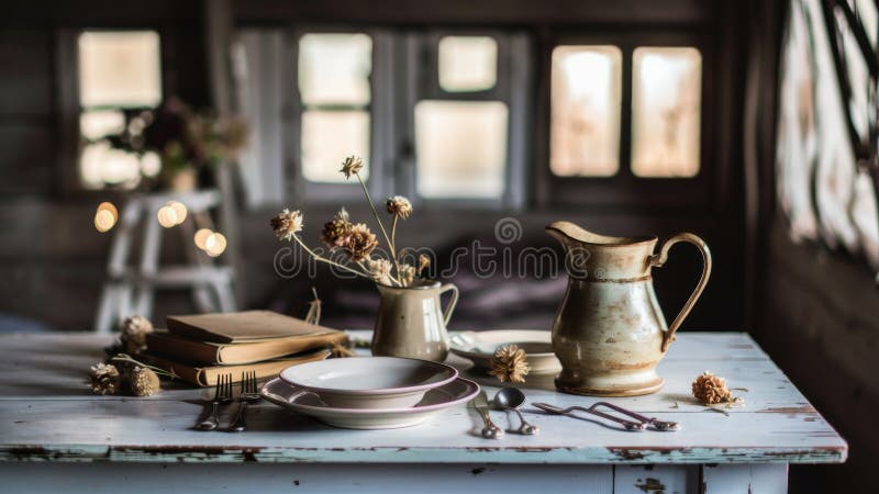 A Table with a Pitcher, Plates and Flowers on it, AI Stock Photo ...