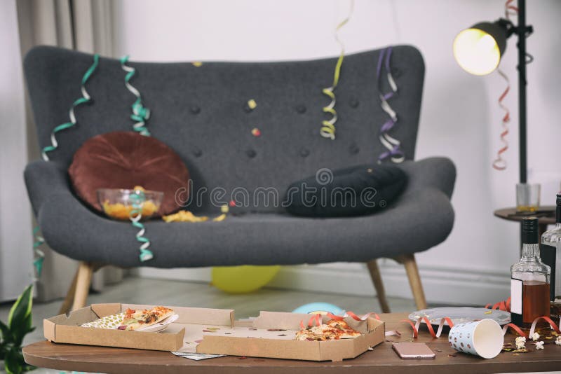 Table with Pizza Leftovers and Alcohol in Messy Room Interior. Stock ...