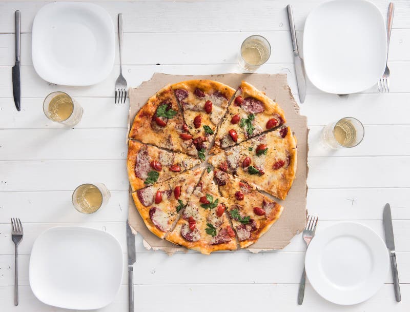 Table with Pizza Set for Four Persons Stock Image - Image of meal ...