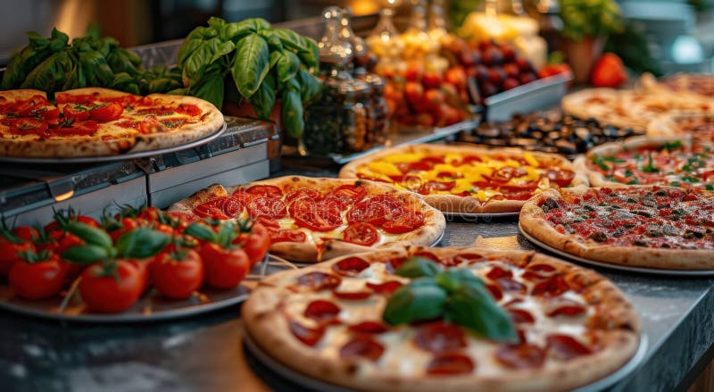 A Table of Pizzas and Other Italian Food on the Counter Stock ...