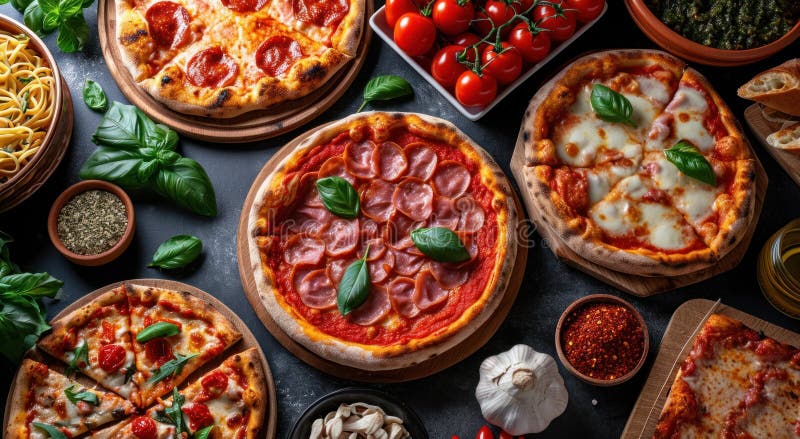 A Table of Pizzas and Other Italian Food on the Counter Stock Photo ...