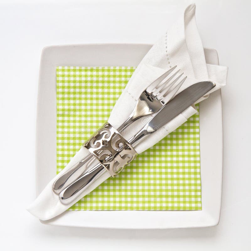 Table Place Setting with Checkered Serviette Stock Photo - Image of ...