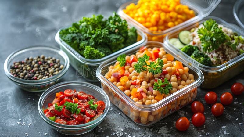 Table with Plastic Containers Filled with Different Types of Food Stock ...
