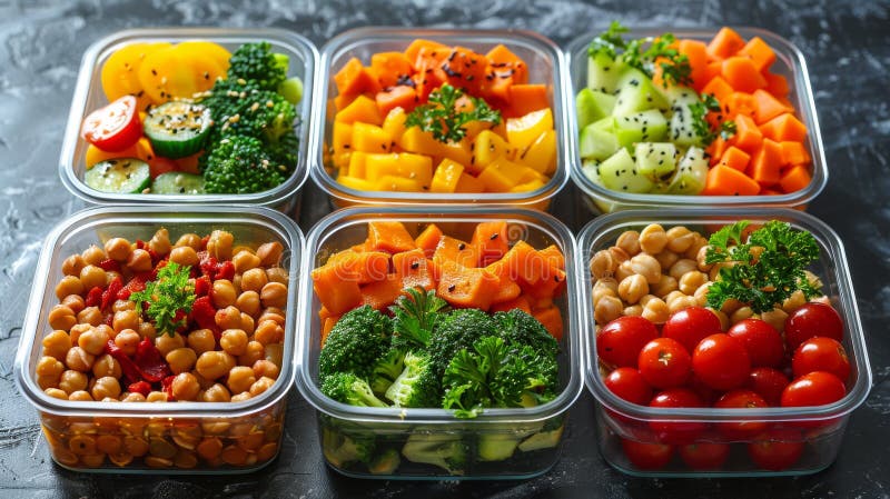 Table with Plastic Containers Filled with Different Types of Food Stock ...