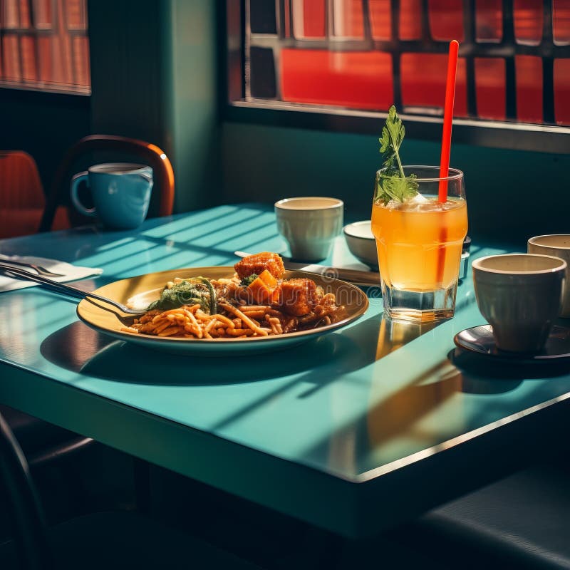 A Table with a Plate of Food on it Stock Illustration - Illustration of ...