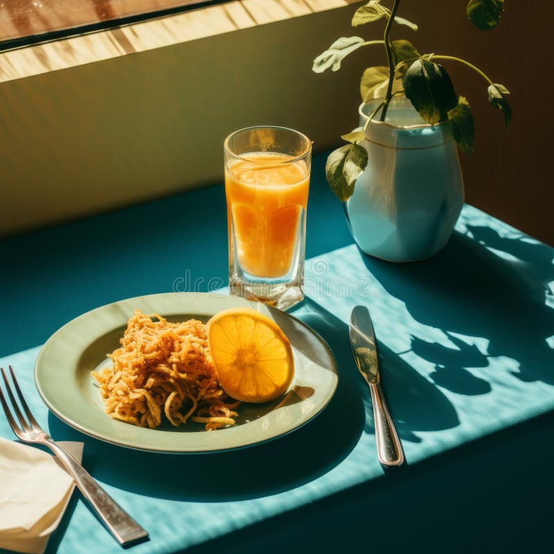 A Table with a Plate of Food and a Glass of Orange Juice Stock ...
