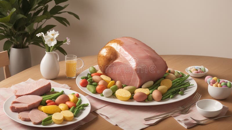 A Table with a Plate of Food and a Ham Stock Illustration ...