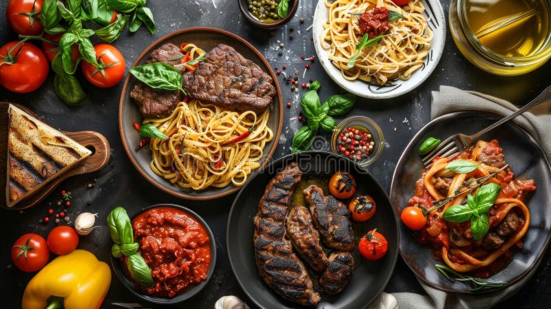 A Table with Plates of Food and a Fork, AI Stock Image - Image of plate ...