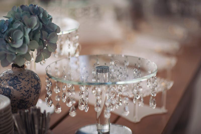 Table with Plates Stands for Candy Bar, Catering. Golden Geometric ...