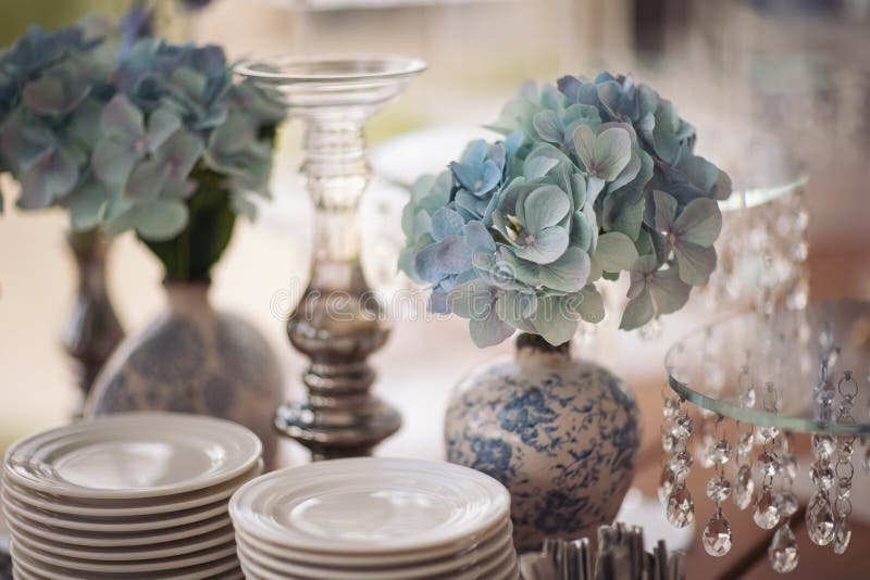 Table with Plates Stands for Candy Bar, Catering. Golden Geometric ...