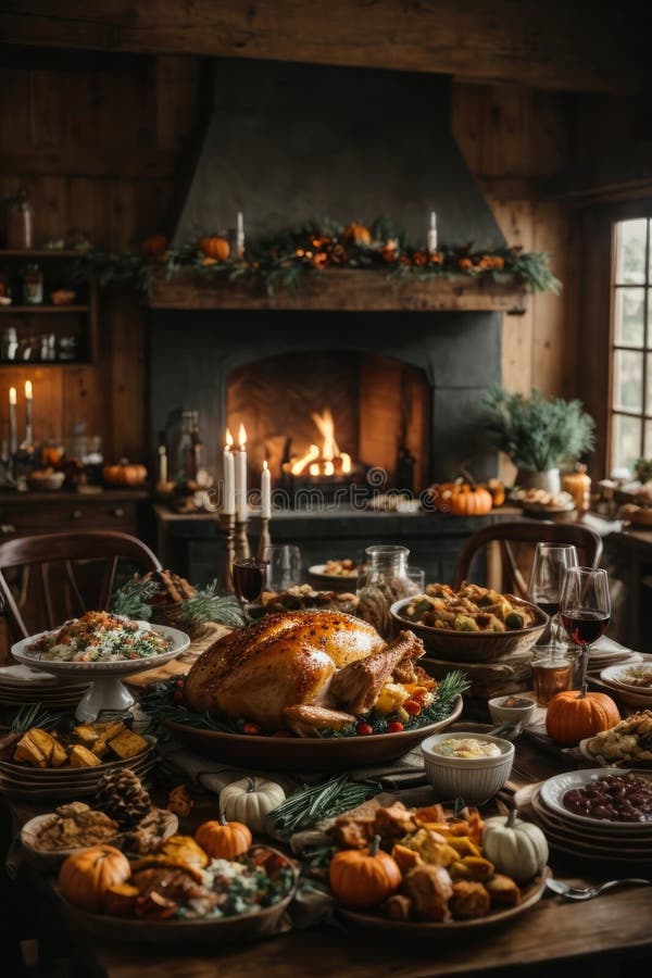 Table of Plenty: a Rustic Thanksgiving with Fireside Warmth Stock ...