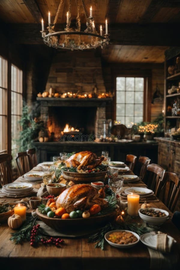 Table of Plenty: a Rustic Thanksgiving with Fireside Warmth Stock ...
