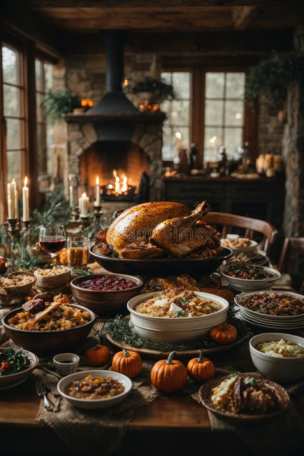 Table of Plenty: a Rustic Thanksgiving with Fireside Warmth Stock ...