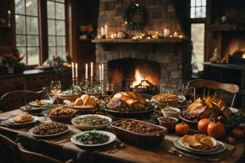 Table of Plenty: a Rustic Thanksgiving with Fireside Warmth Stock ...