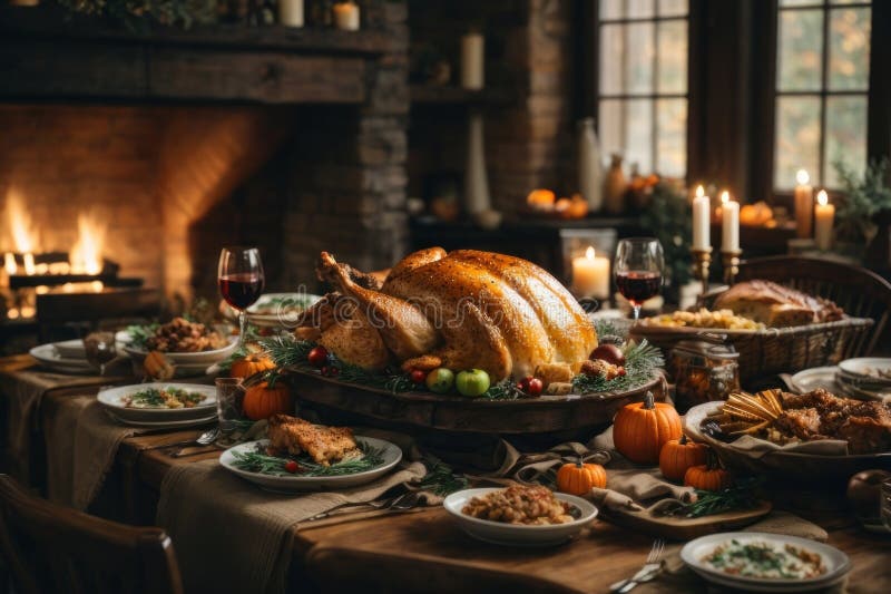 Table of Plenty: a Rustic Thanksgiving with Fireside Warmth Stock ...