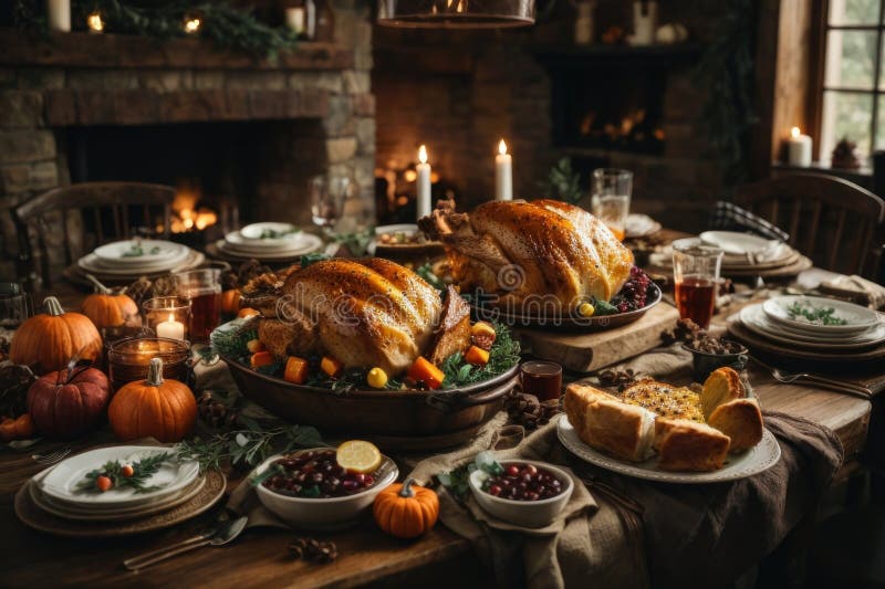 Table of Plenty: a Rustic Thanksgiving with Fireside Warmth Stock ...