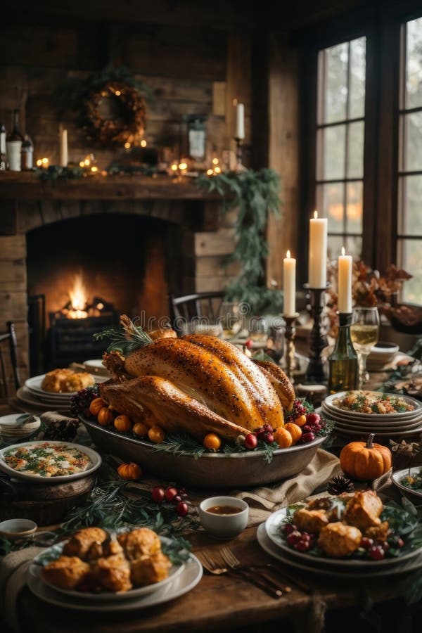 Table of Plenty: a Rustic Thanksgiving with Fireside Warmth Stock ...