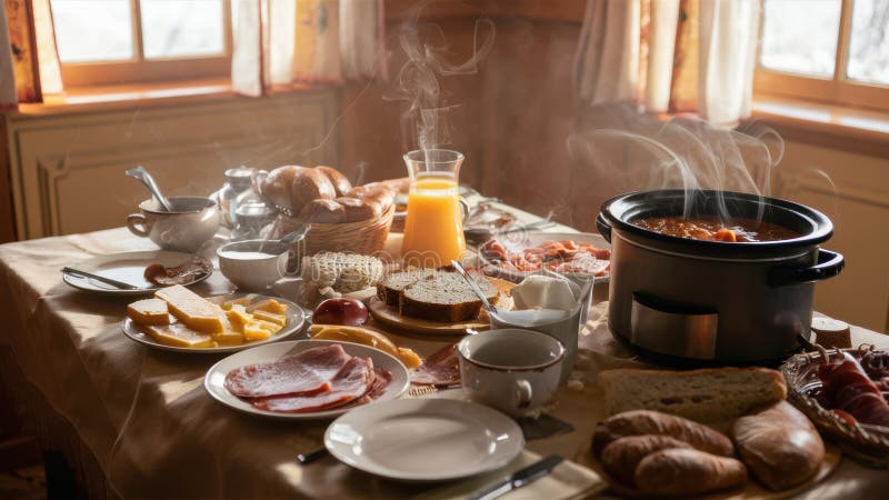 A Table with a Pot of Soup and Plates Full of Food, AI Stock Photo ...