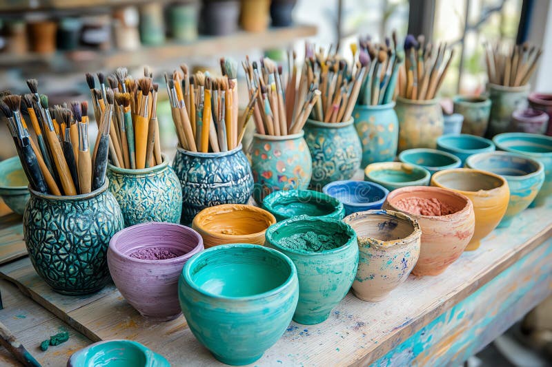 A Table in a Pottery Studio with Paintbrushes, Paint, and Pottery Stock ...