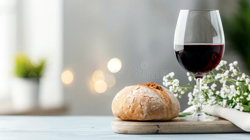 Table Prepared for Communion with Bread, Wine, and Floral Decoration ...