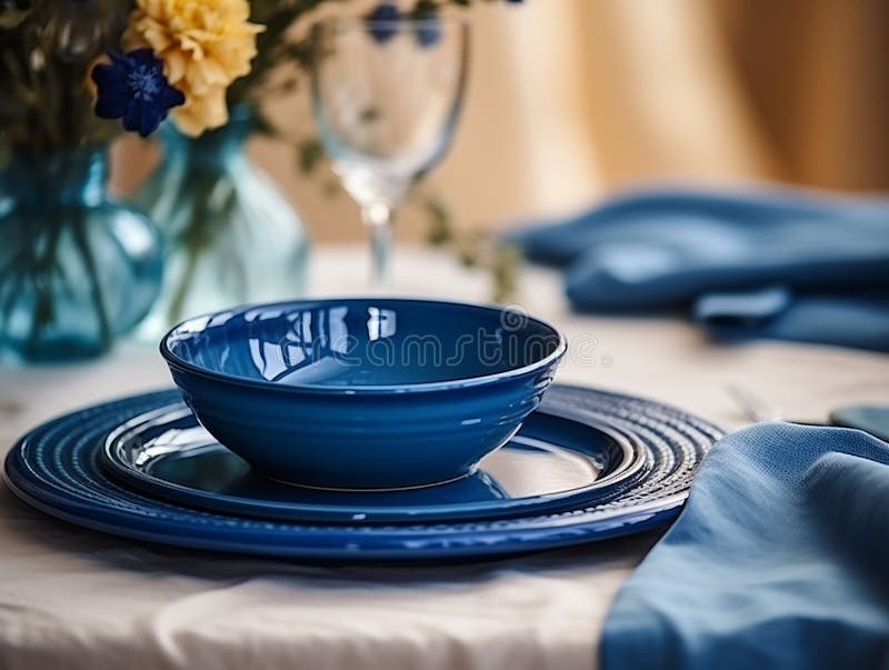 Table Prepared with Elegance Ceramic Plates in Blue Colors Stock ...