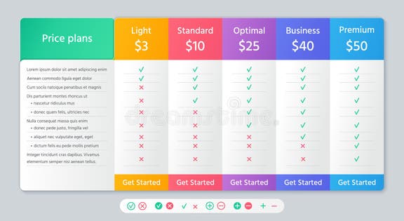 Table Price Chart. Vector Illustration. Comparison Plan Template Stock ...