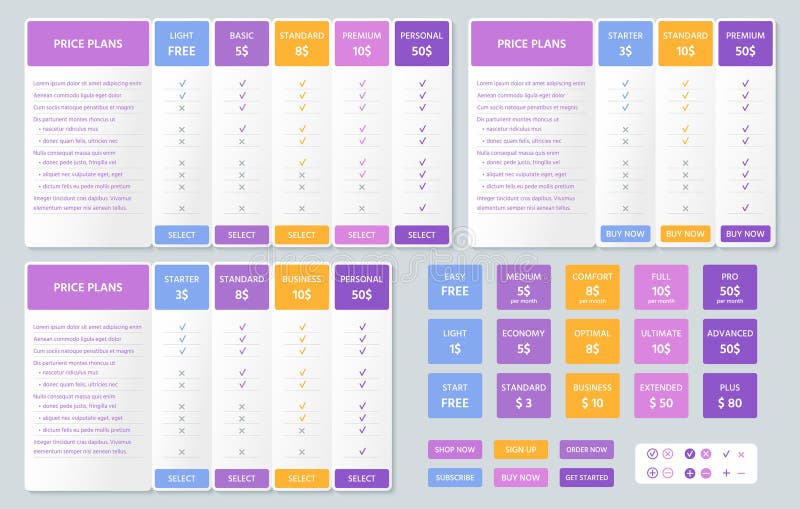 Comparison Price Table. Vector Illustration. Chart Plan Color Template ...