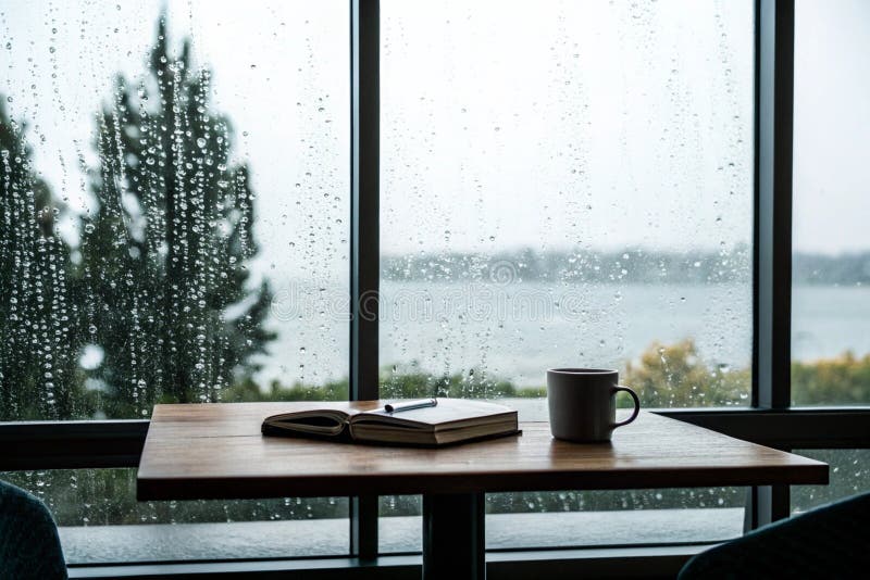 Table with Rainy Window Background for Cozy Atmosphere Stock ...