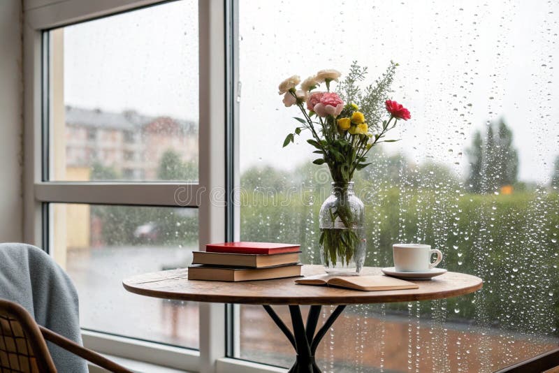 Table with Rainy Window Background for Cozy Atmosphere Stock ...