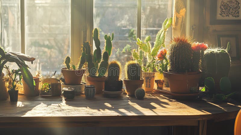 Table with Rare Cacti, Sunlight Patches, Natural Materials, Slow Life ...