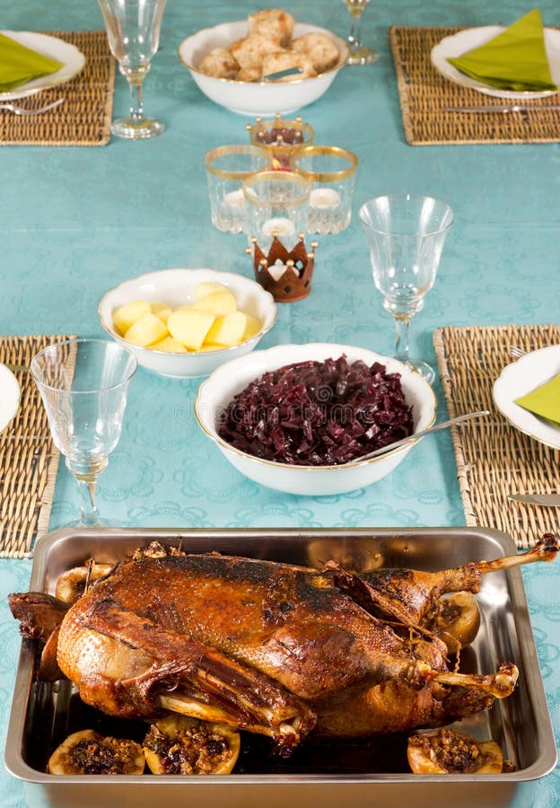 Table Ready Laid with Goose Stock Photo - Image of celebration ...